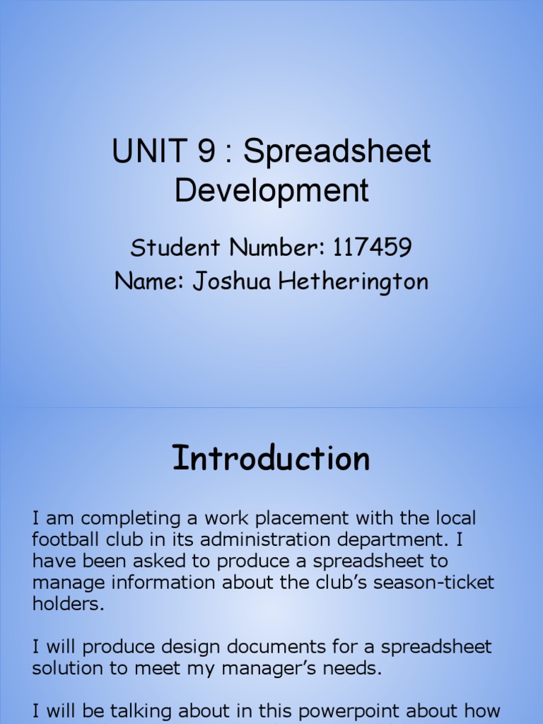 Unit 9 Spreadsheet Development Assignment 1 - Joshua Hetherington | PDF ...