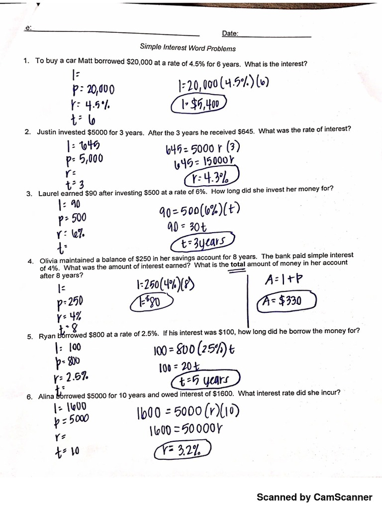 Simple Interest Answer Key | PDF