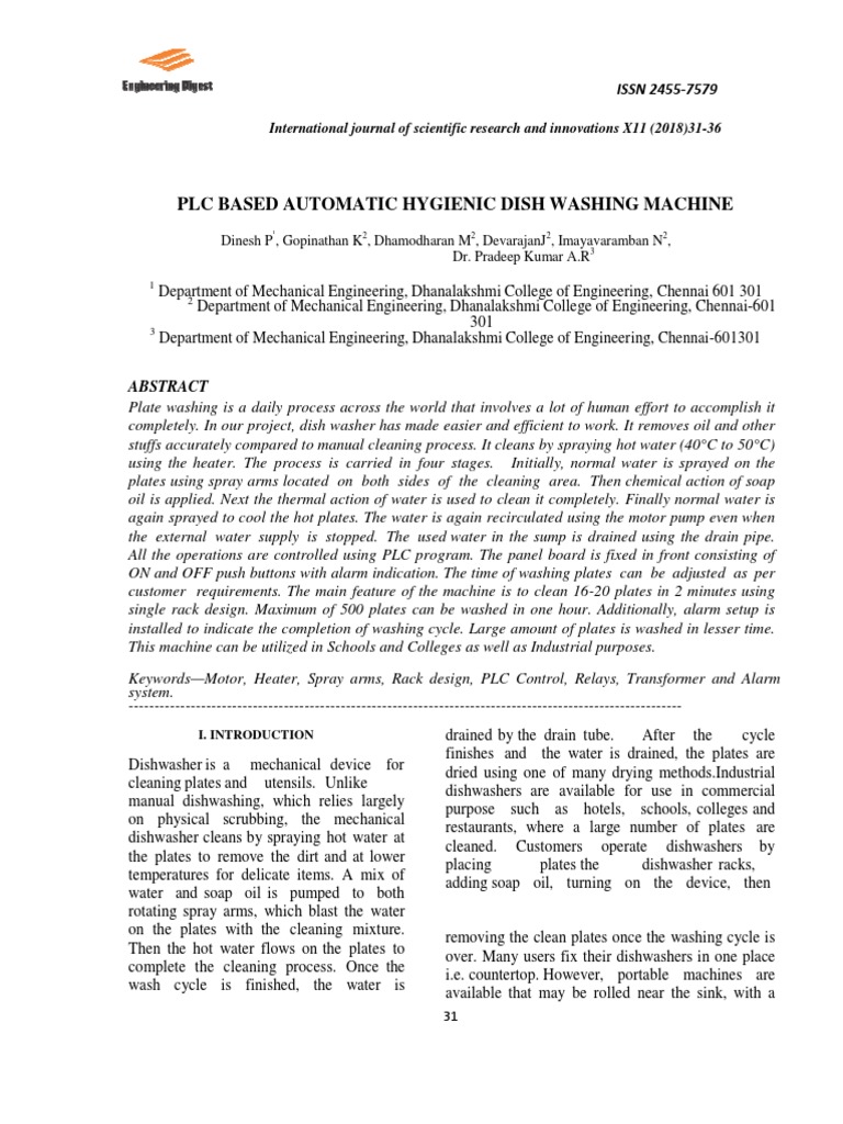 PLC Based Automatic Hygienic Dish Washing Machine: ISSN 2455-7579 | PDF ...