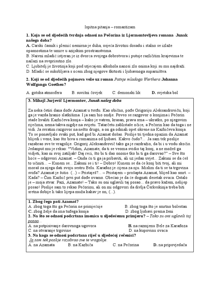 Ispitna Pitanja S Rješenjima - Romantizam | PDF