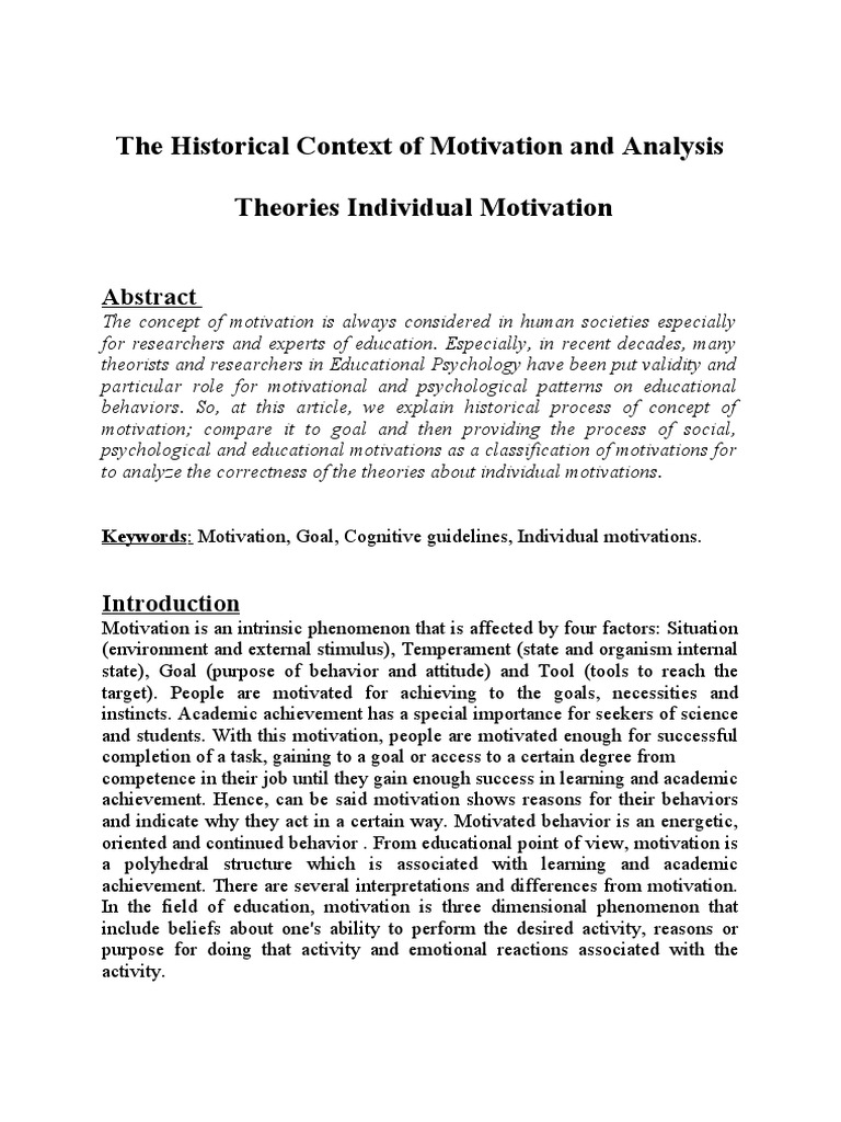 The Historical Context of Motivation and Analysis Theories Individual ...