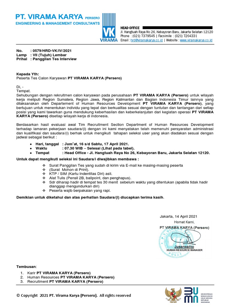 Lampiran Undangan Interview PT Virama Karya (Persero) | PDF