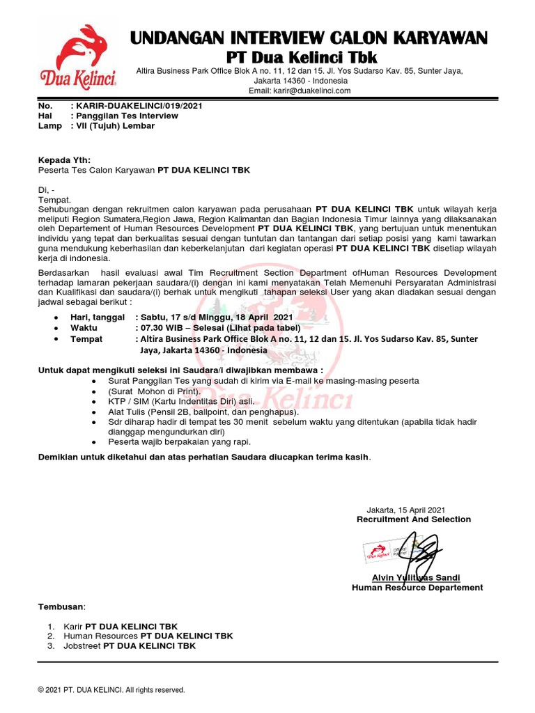 Lampiran Undangan Interview PT Dua Kelinci TBK | PDF