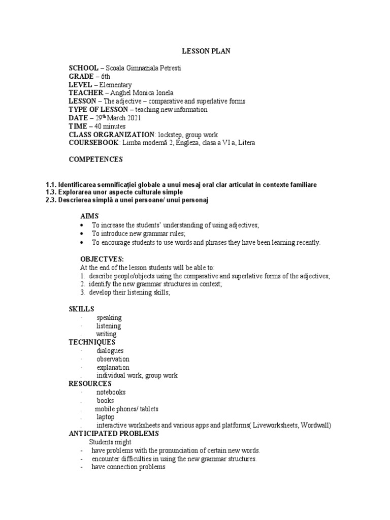 Lesson Plan 6th Grade | PDF | Lesson Plan | Cognition