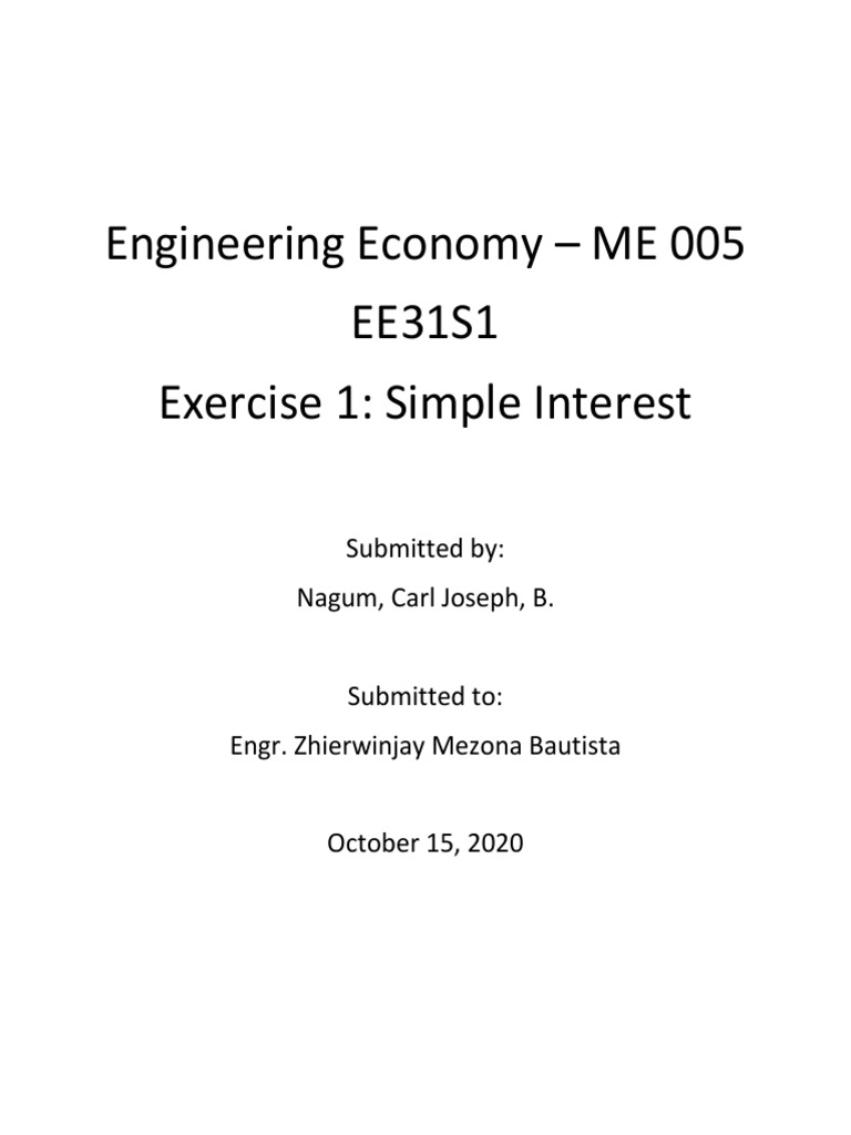 Engineering Economy - ME 005 EE31S1 Exercise 1: Simple Interest | PDF