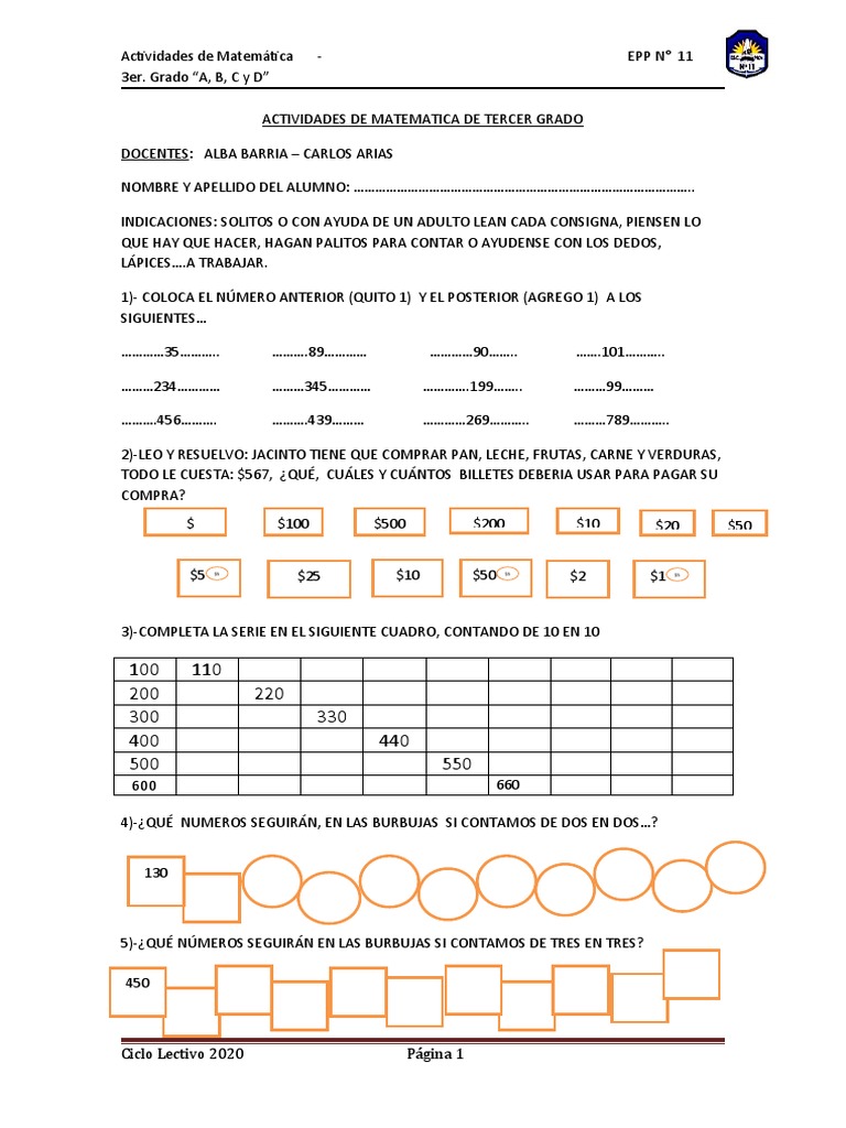 Actividades de Matematica de Tercer Grado | PDF