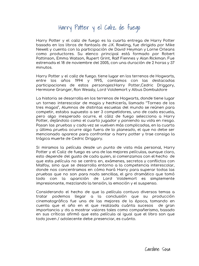 Harry Potter y el Cáliz de Fuego: Análisis | PDF | Harry Potter ...