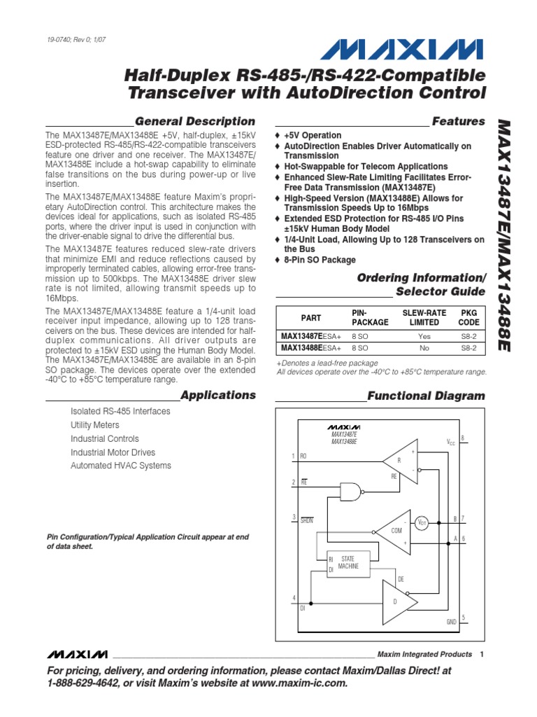 Half-Duplex Rs-485-/Rs-422-Compatible Transceiver With Autodirection ...