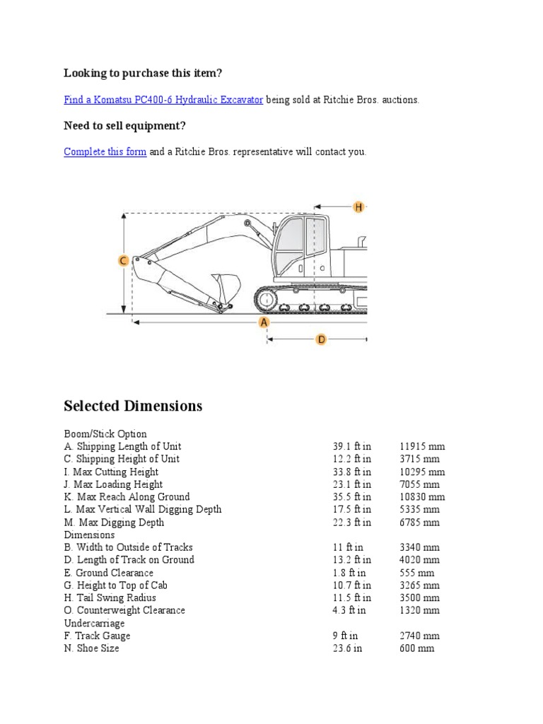 Komatsu PC400-6 Excavator Specifications | PDF | Manufactured Goods ...