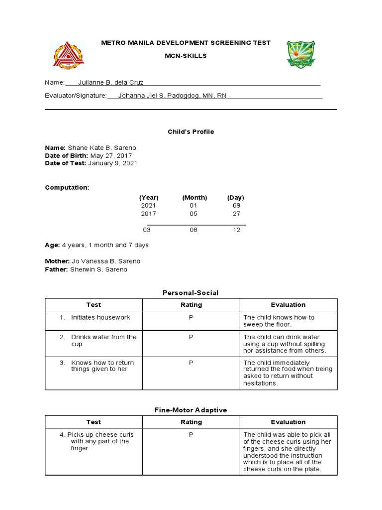 MMDST Form | PDF | Child Development | Relationships