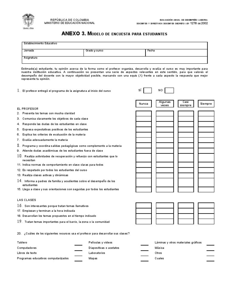 Modelo de Encuesta para Estudiantes | Descargar gratis PDF | Maestros ...