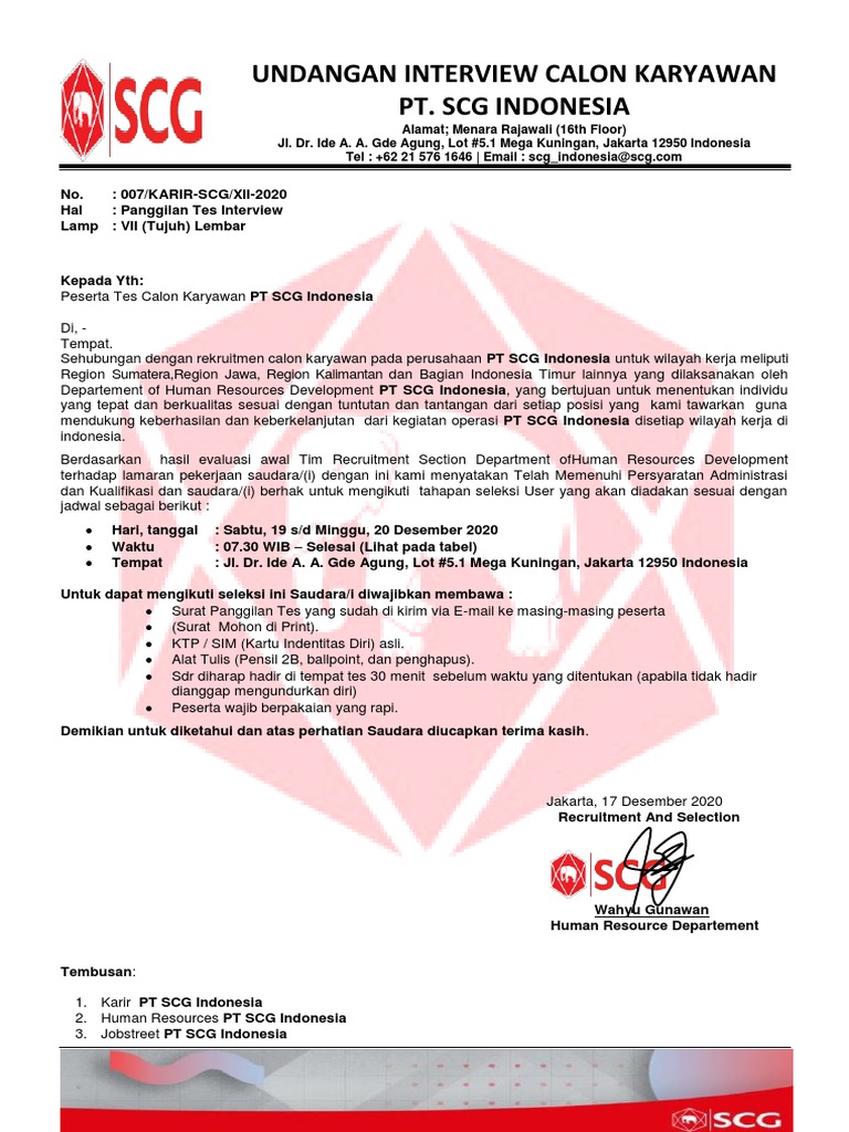 Undangan Interview Calon Karyawan SCG | PDF