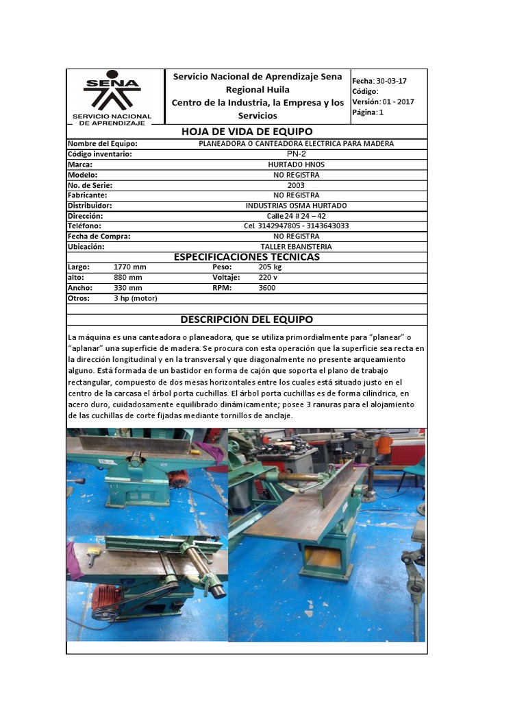 Descripción técnica de una planeadora eléctrica para madera utilizada ...