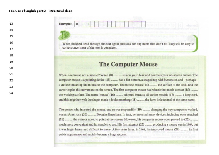 FCE Use of English Part 2 - The Computer Mouse - Open Cloze | PDF