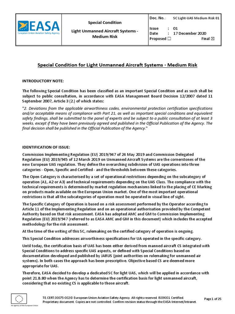 Special Condition SC Light-Uas Medium Risk 01EASA | PDF | Unmanned ...
