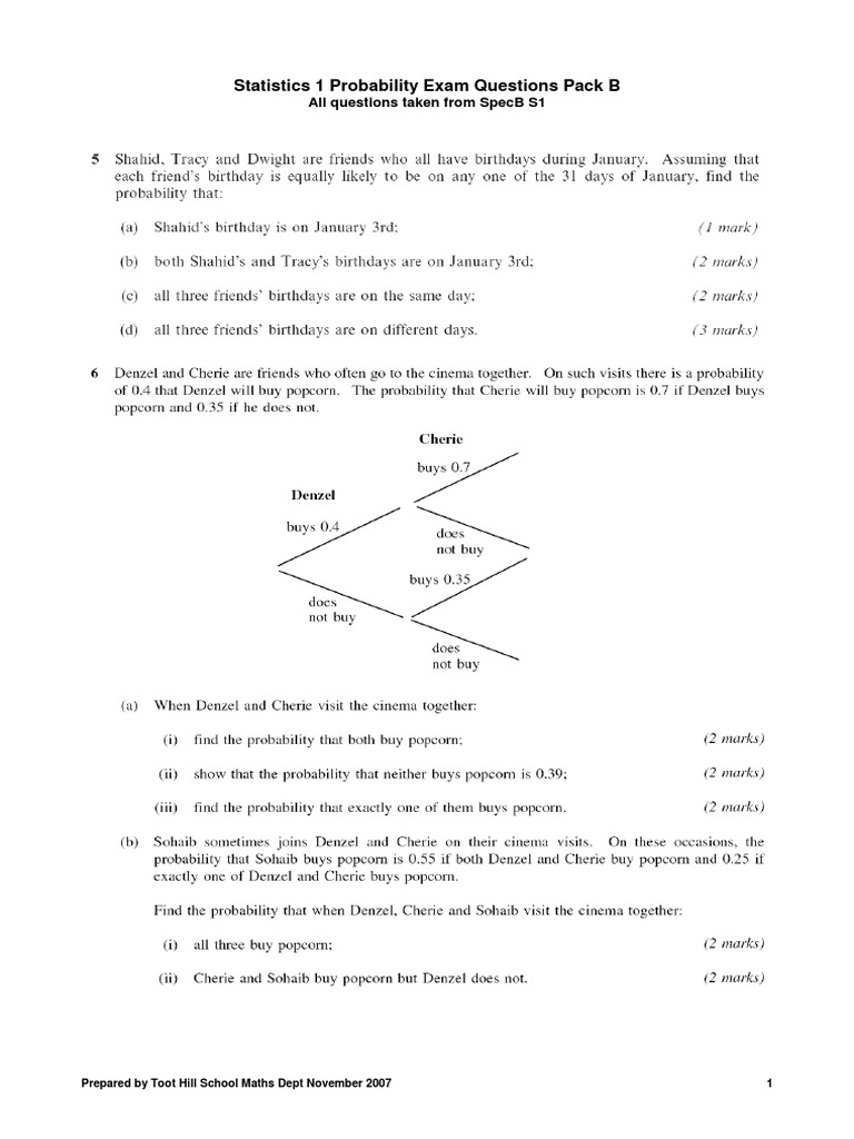 Statistics 1 Probability Exam Questions Pack B: All Questions Taken ...