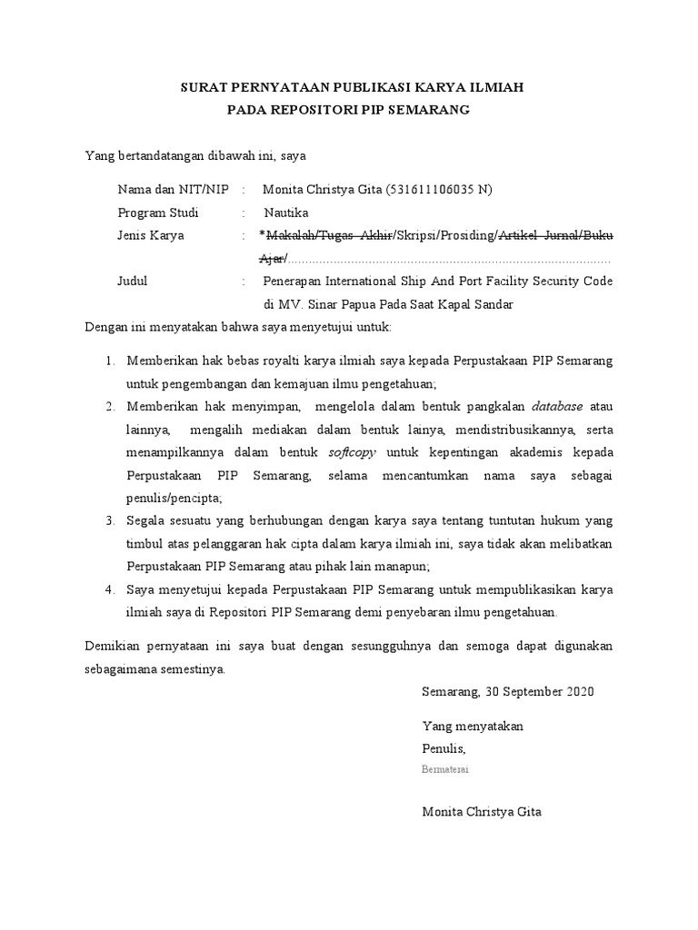 Surat Pernyataan Publikasi Karya Ilmiah | PDF