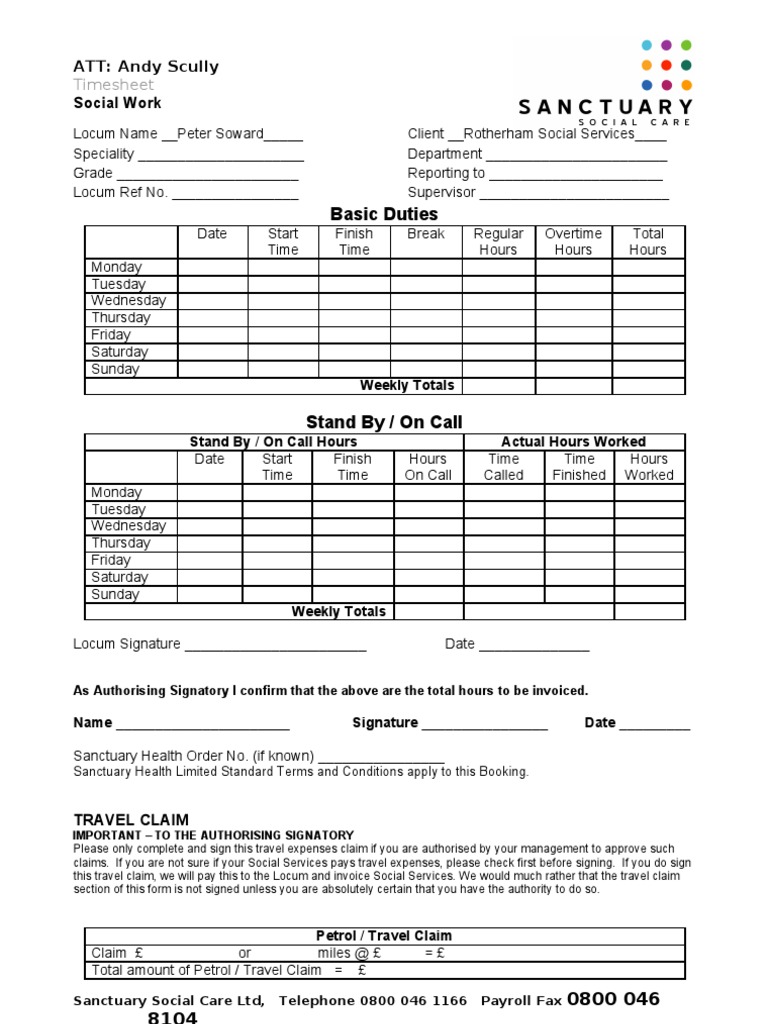 Social Work Locum Timesheet Template | PDF | Government | Business