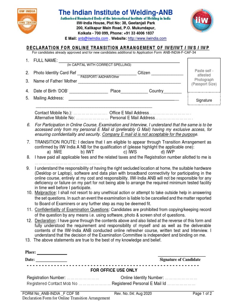 The Indian Institute of Welding-ANB: Declaration For Online Transition ...