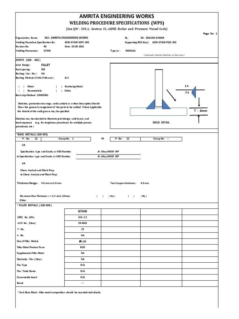 GTAW Fillet Weld Procedure Specification | PDF | Joining | Industrial ...
