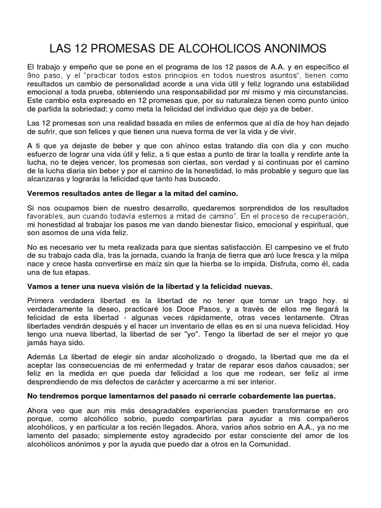 Las 12 Promesas de Alcoholicos Anonimos | PDF | alcoholicos anonimos | Felicidad