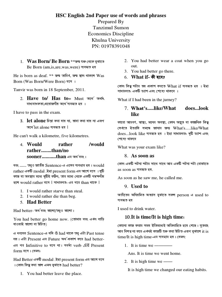 HSC English 2nd Paper Use of Words and Phrases | PDF