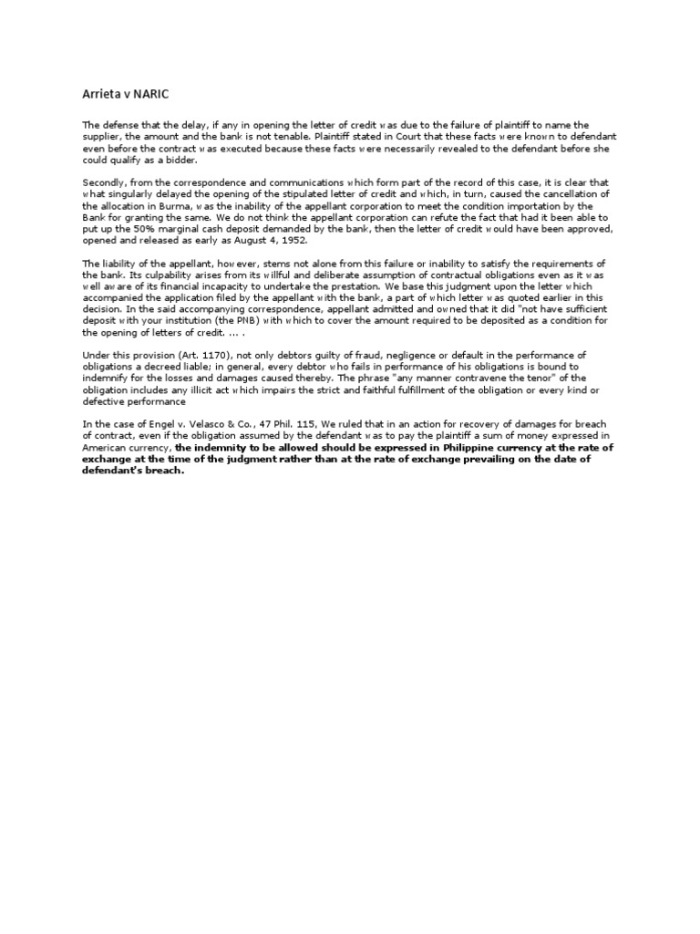 Arrieta V NARIC. Oblicon Ruling | PDF | Indemnity | Letter Of Credit