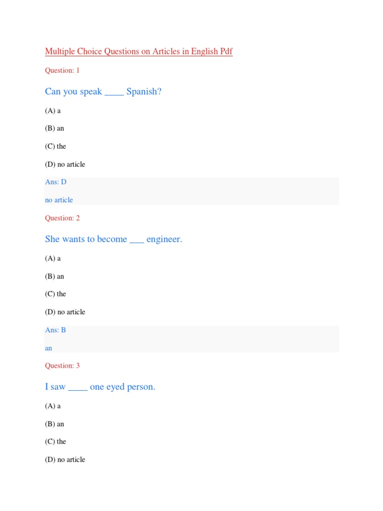 Can You Speak - Spanish?: Multiple Choice Questions On Articles in ...
