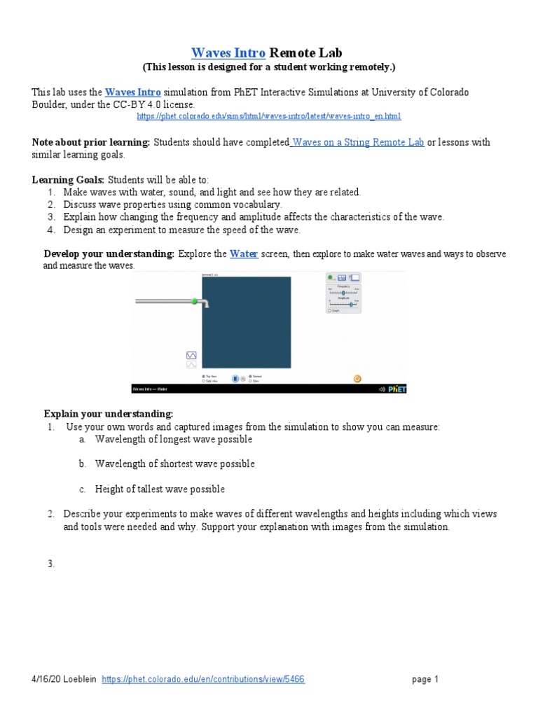 Waves Intro Remote Lab Pdf Wavelength Waves 