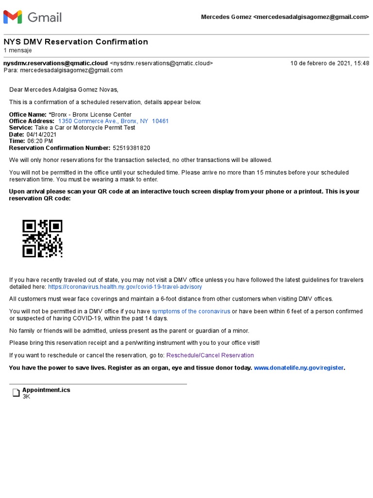 Gmail - NYS DMV Reservation Confirmation | PDF