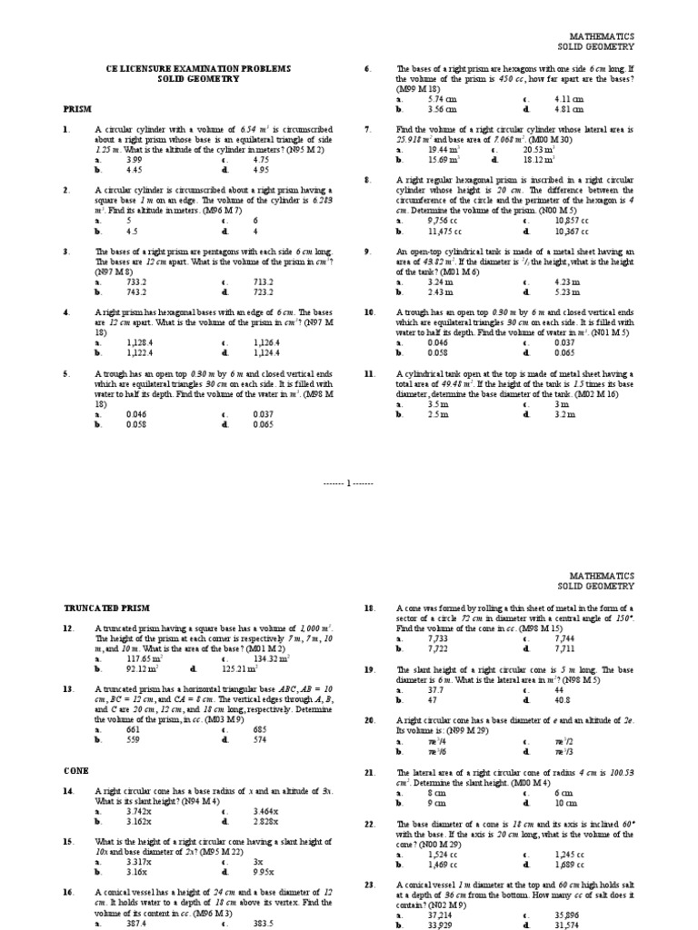 CE Licensure Examination Problems - Solid Geometry | PDF | Sphere | Volume