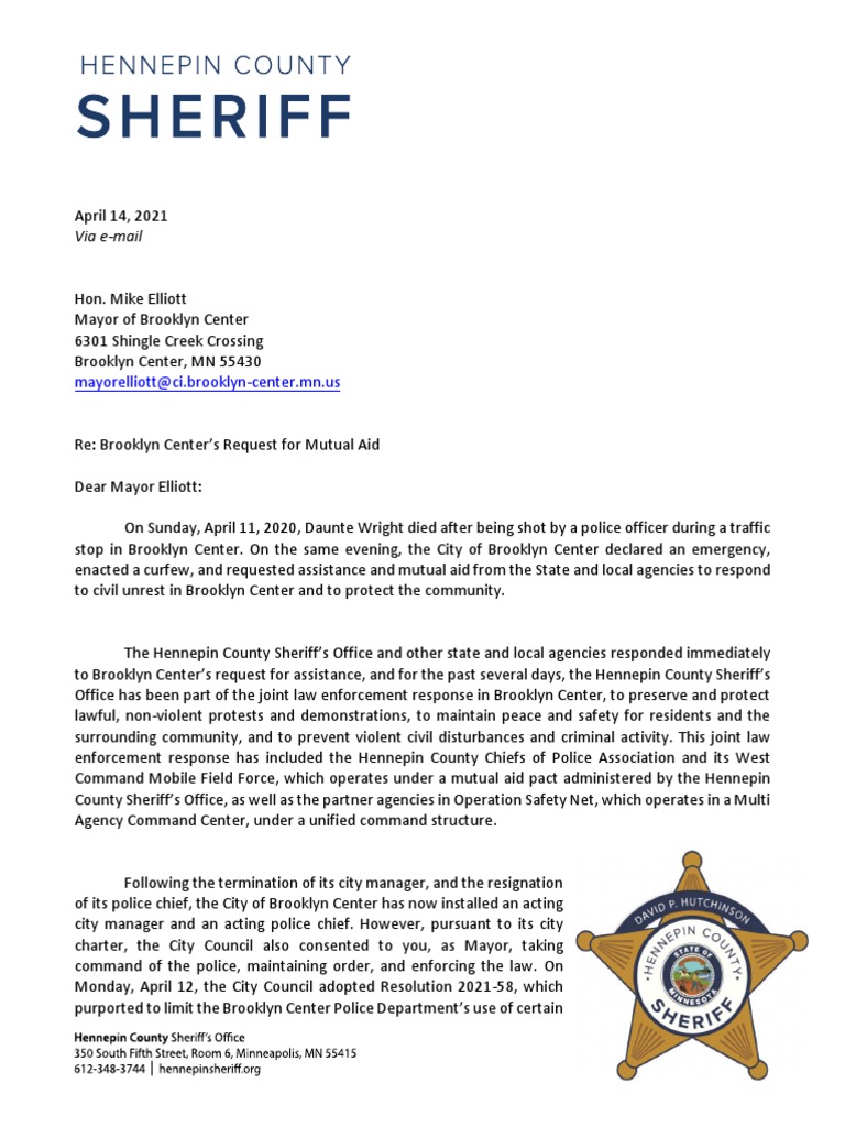 LETTER: Brooklyn Center's Request For Mutual Aid | PDF | Sheriffs In ...