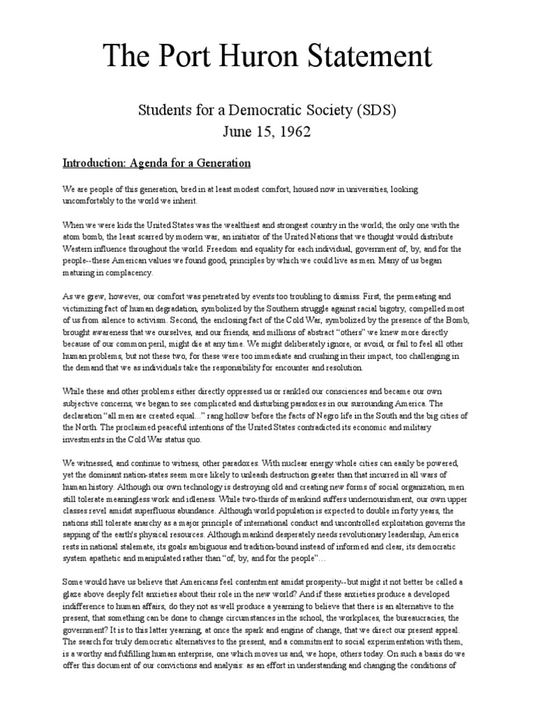 Port Huron Statement Excerpt | PDF | New Left | Experience