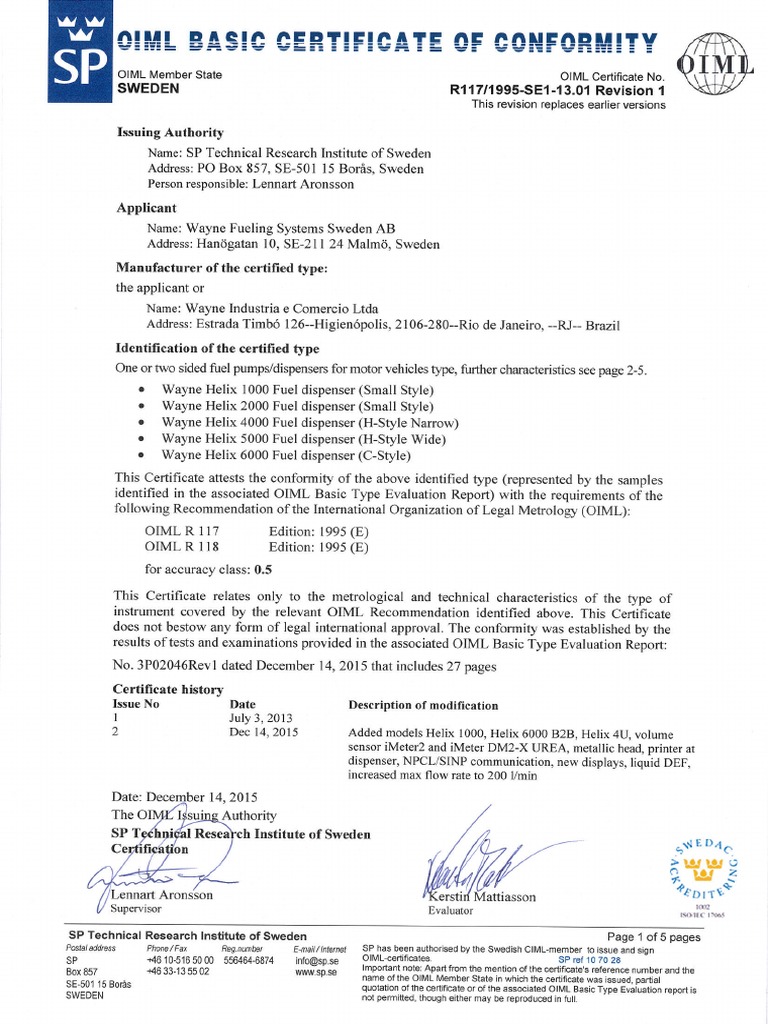OIML Certificate of Conformity #R117-1995-SE1-13.01 - Rev. 1 - Dez ...