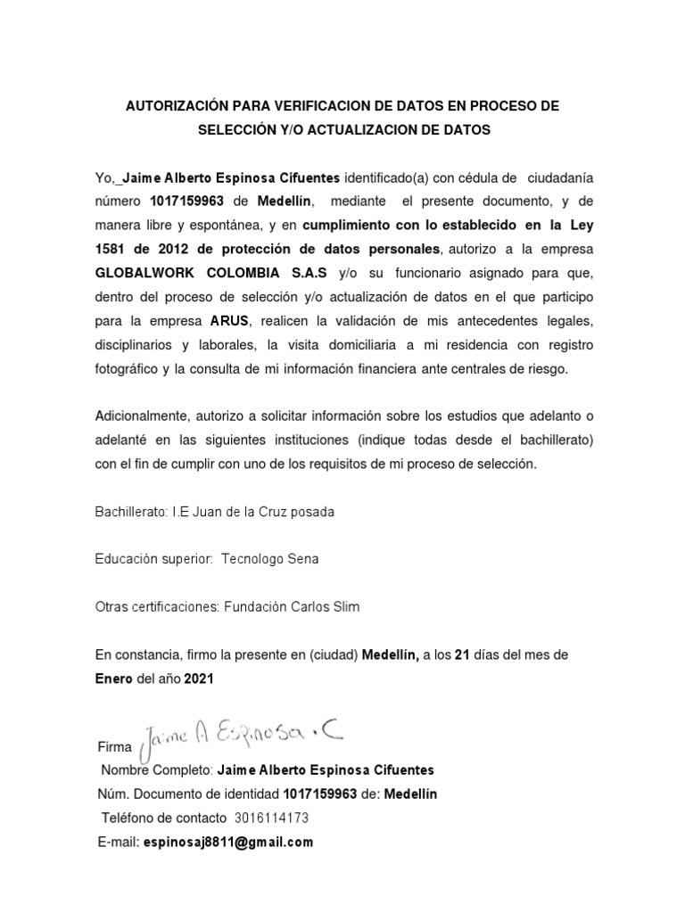 HABEAS DATA FORMATO AUTORIZACION TRATAMIENTO DE DATOS 2020 - Con Visita ...