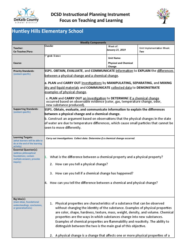 Physical vs Chemical Changes Lesson Plan | PDF | Lesson Plan | Chemical ...