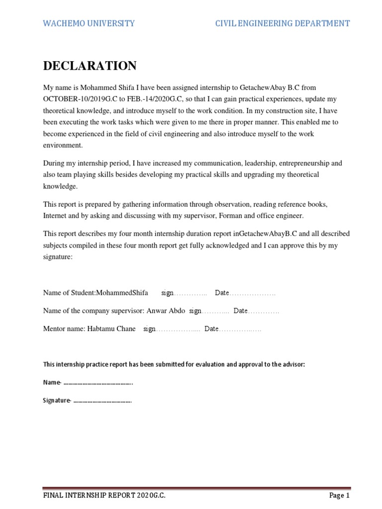 Declaration: Wachemo University Civil Engineering Department | Download ...