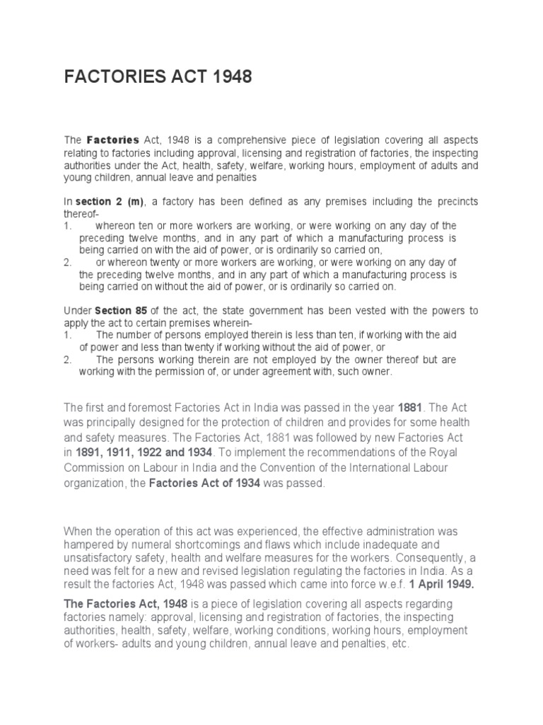 Factories Act 1948 | PDF | Occupational Safety And Health | Government