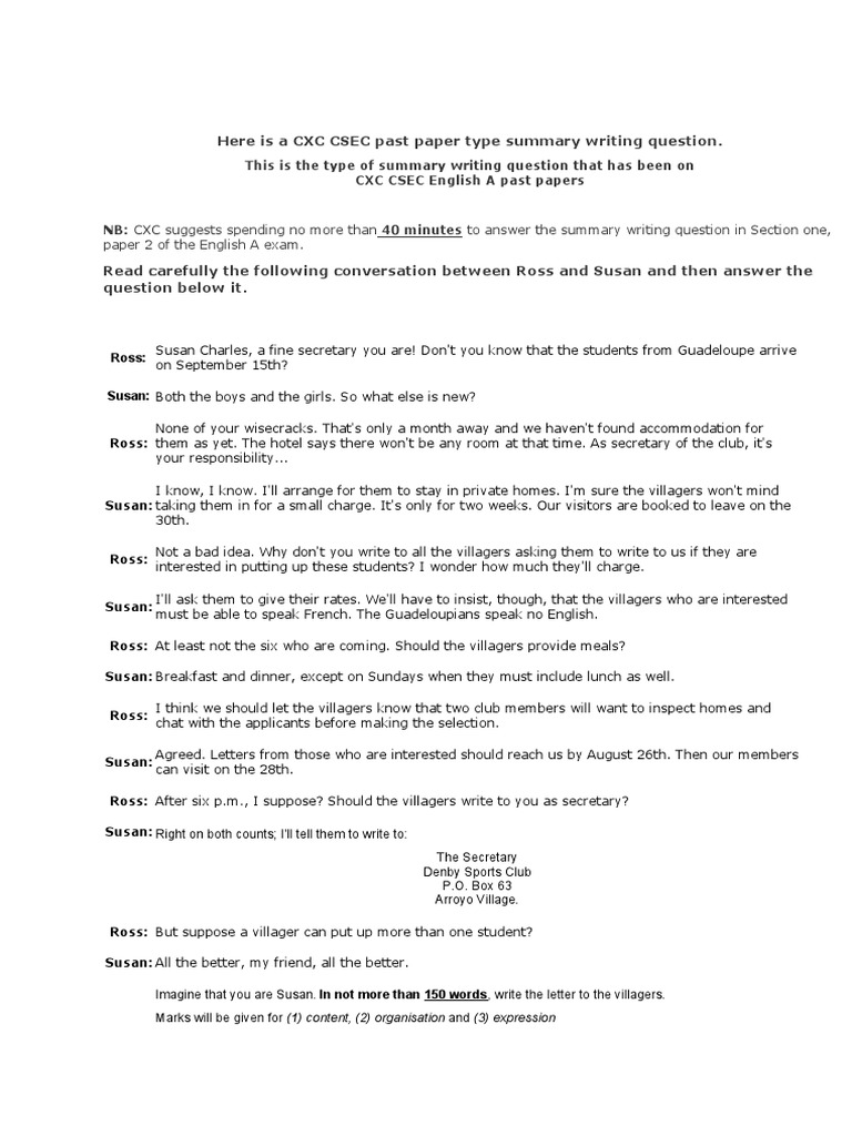 Here Is A CXC CSEC Past Paper Type Summary Writing Question | PDF ...