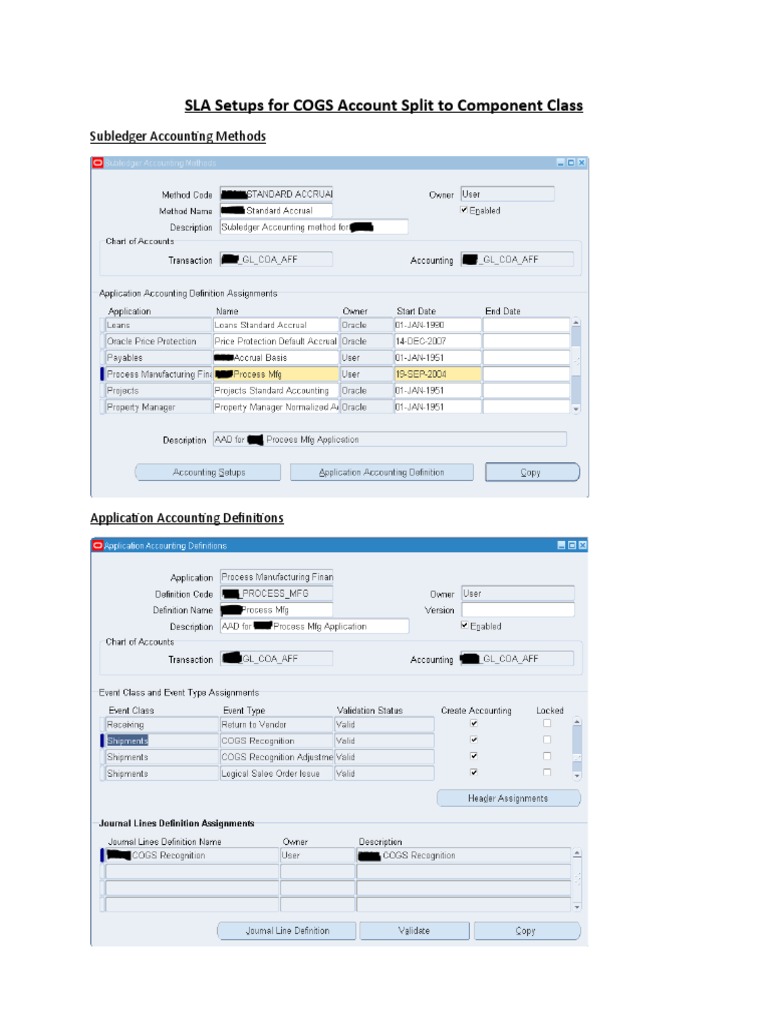 SLA Setups For COGS Account Split To Component Class | PDF