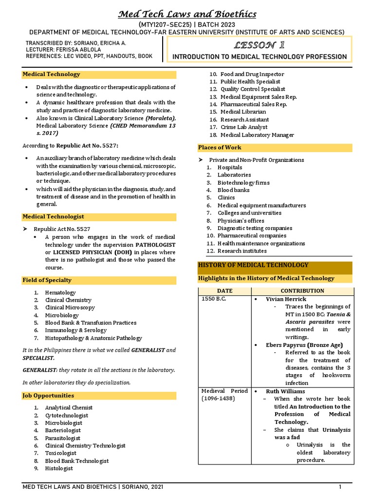 Lesson 1 Introduction To Medical Technology Profession | PDF | Medical ...