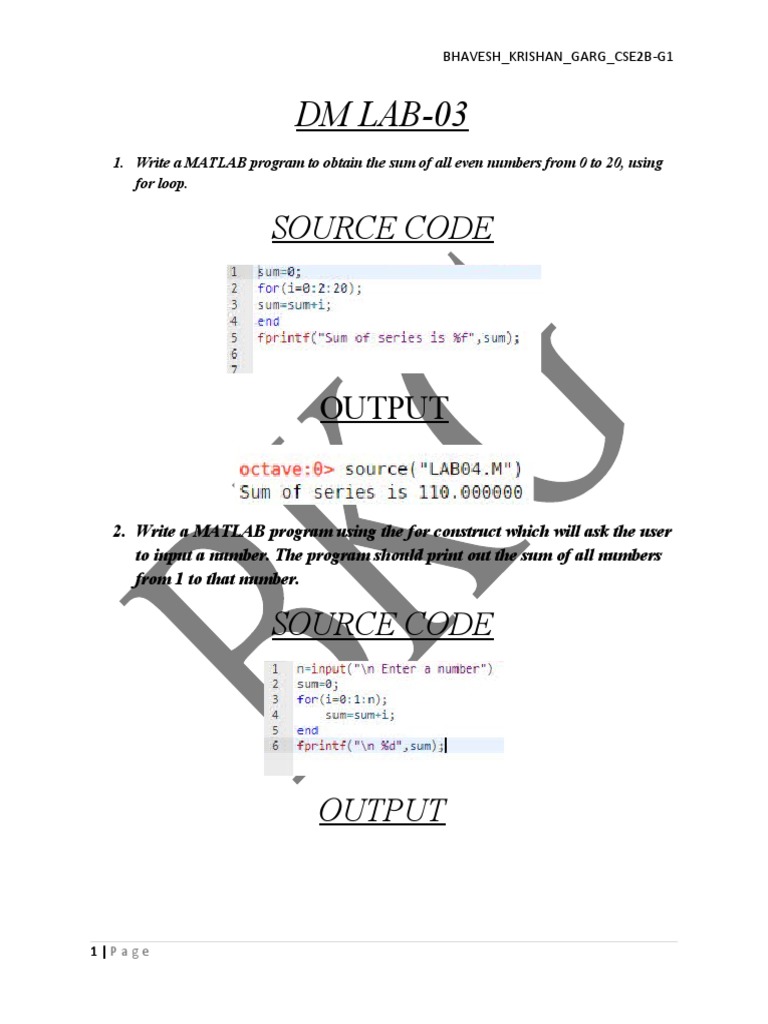 Bhavesh Krishan Garg Cse2b-G1 (Octave Lab-03) | PDF | Matlab | Password