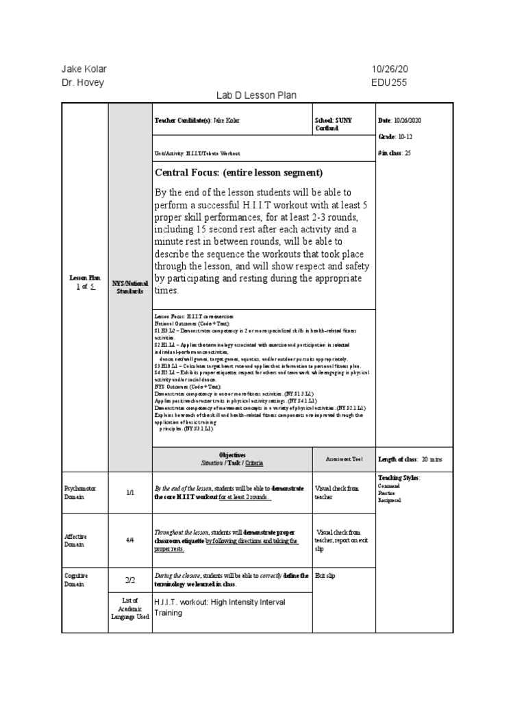 Lab D Lesson Plan Done 1 | PDF | Physical Fitness | Anatomical Terms Of ...
