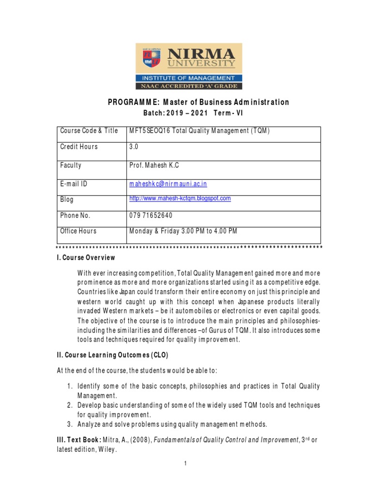 20-21 TQM Course Outline | PDF | Quality Management | Lecture