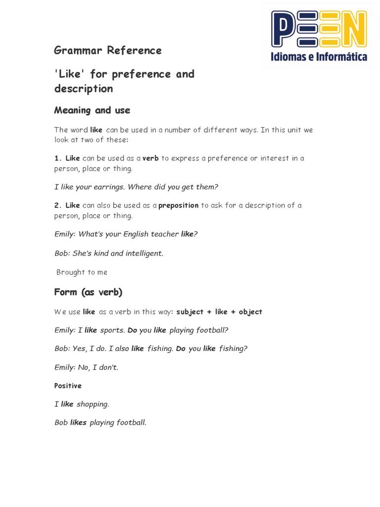0.3 Grammar Reference - Like For Preference and Description | PDF ...