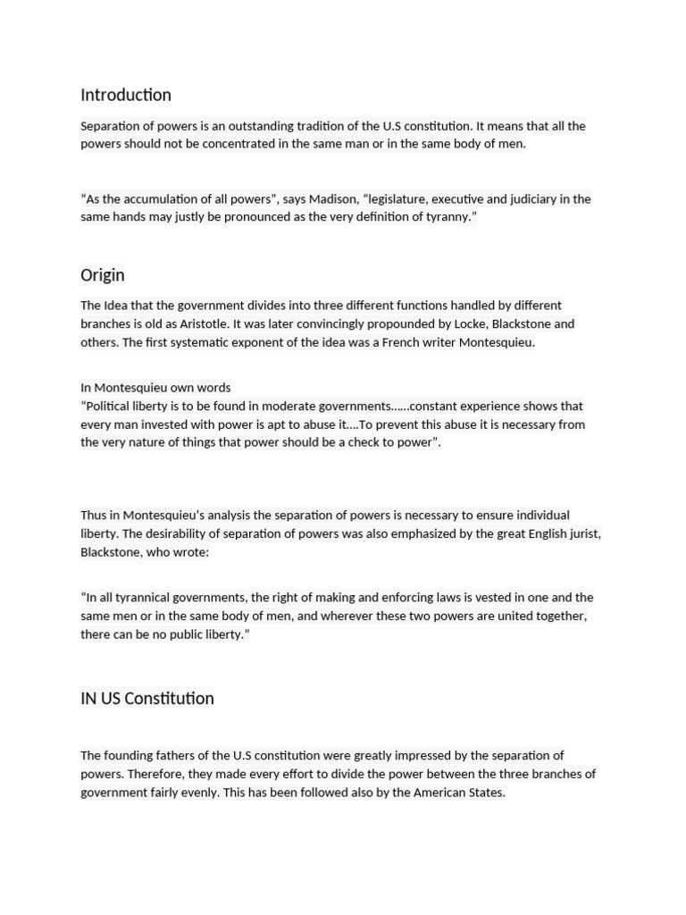 Separation of Power US Constitution | PDF | Politics
