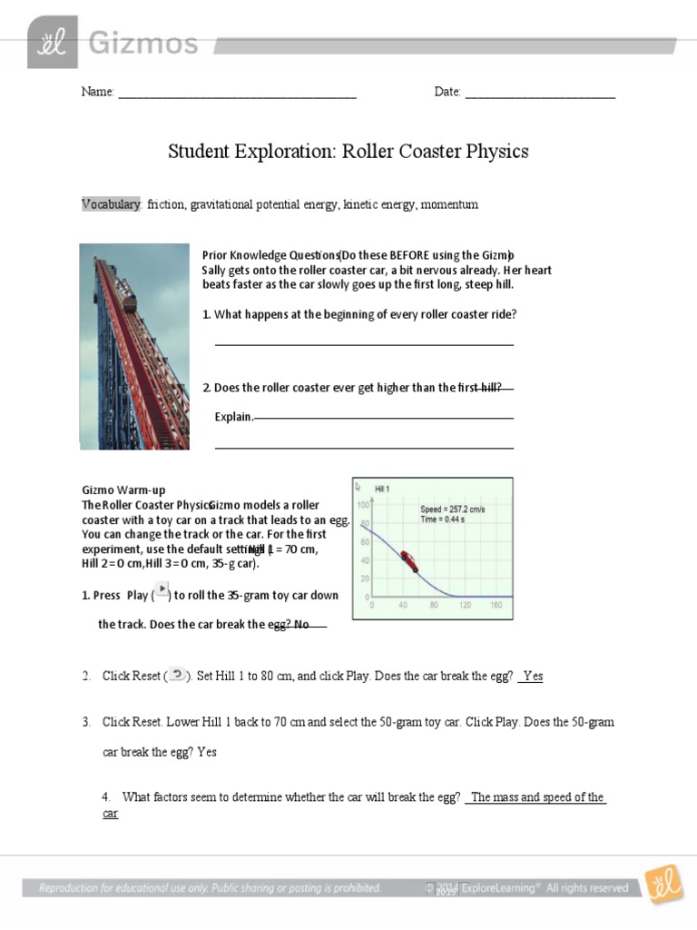Student Exploration: Roller Coaster Physics | Download Free PDF ...