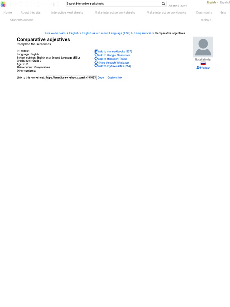 Comparative Adjectives Online Worksheet For Grade 3 | PDF | English As ...