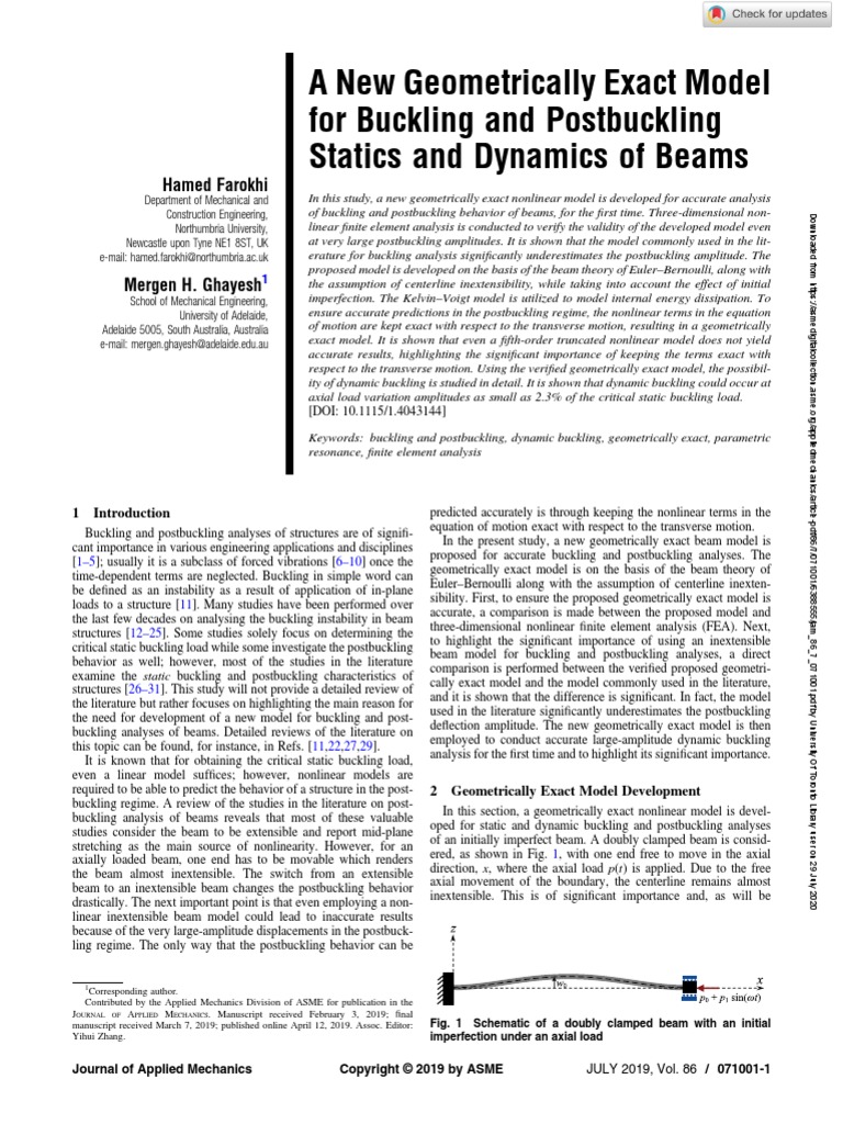 A New Geometrically Exact Model For Buckling and Postbuckling Statics ...