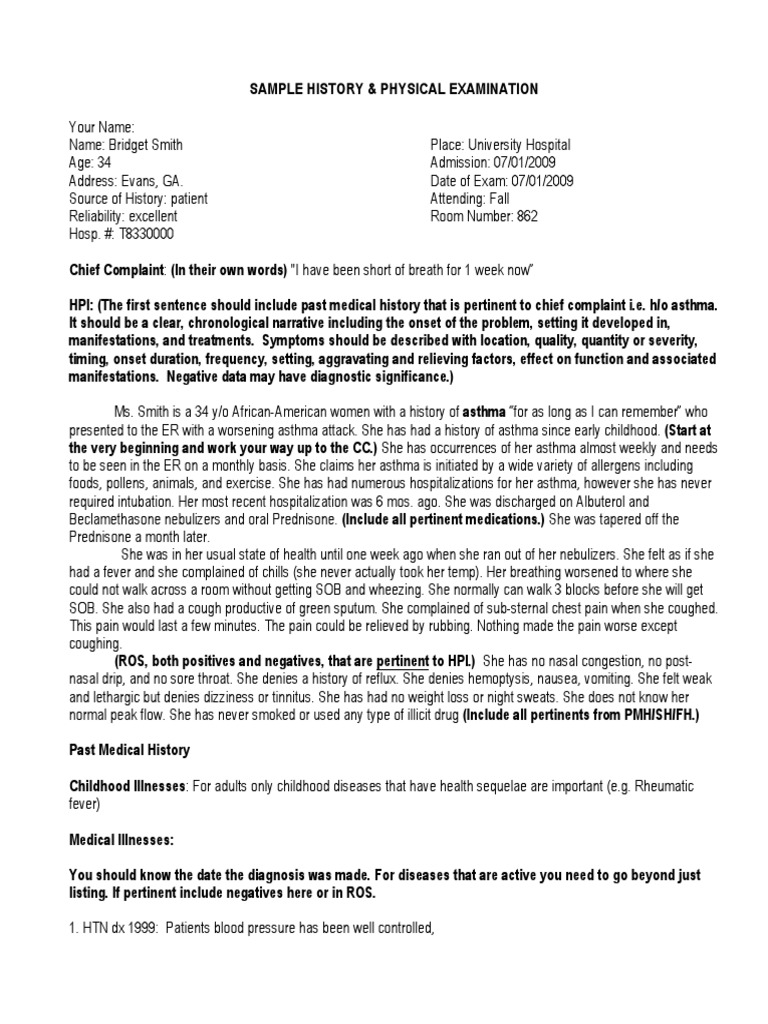 Sample History and Physical Examination | PDF | Asthma | Cough